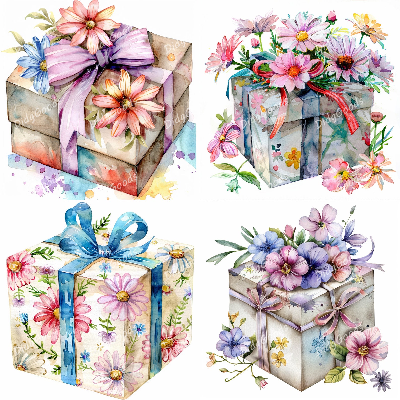 Watercolor Presents Clip Art, Bright Gift Boxes Clip Art, Giftbox Clip ...