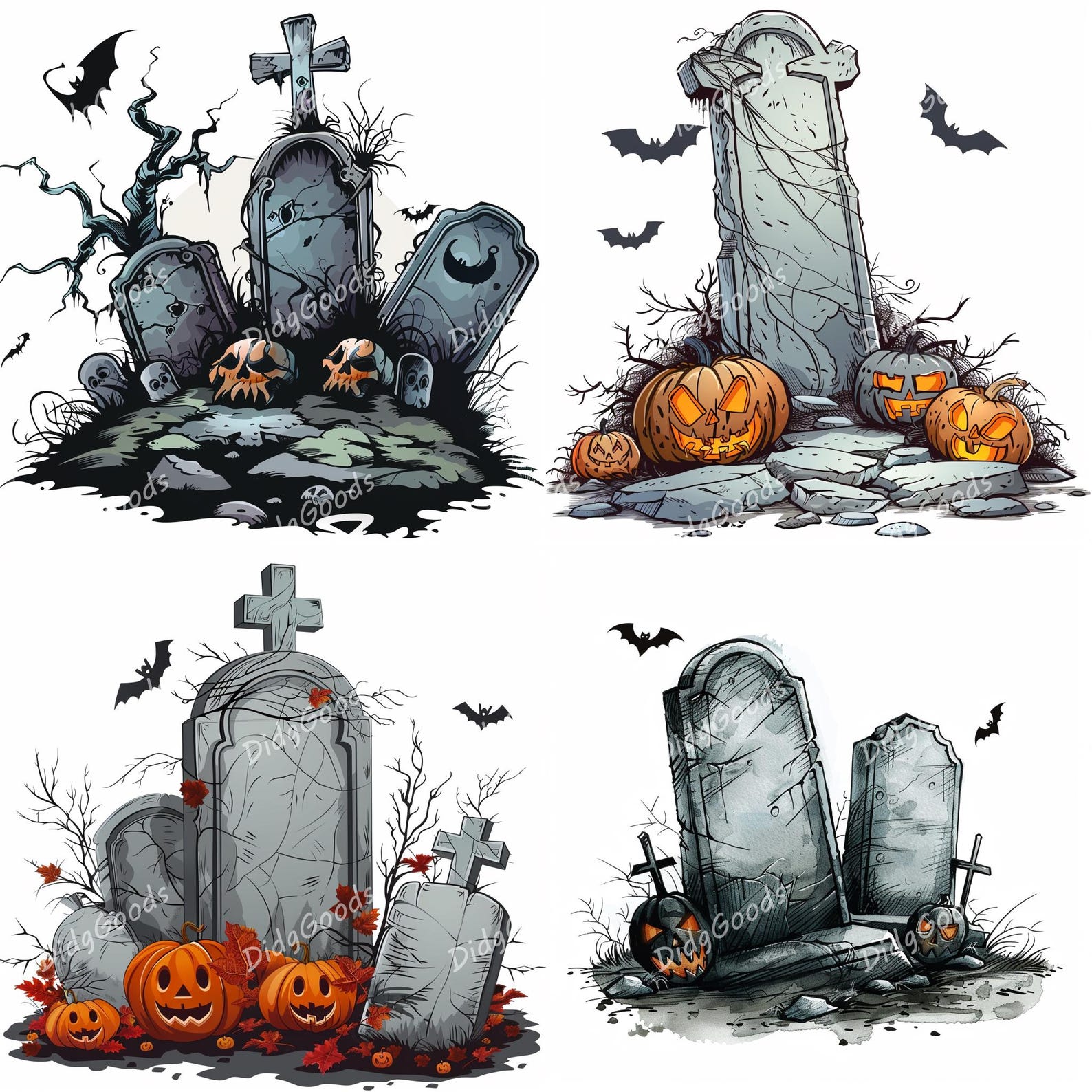 Halloween Funny Tombstones Clip Art Bundle 24 High Quality JPG, 300 DPI ...
