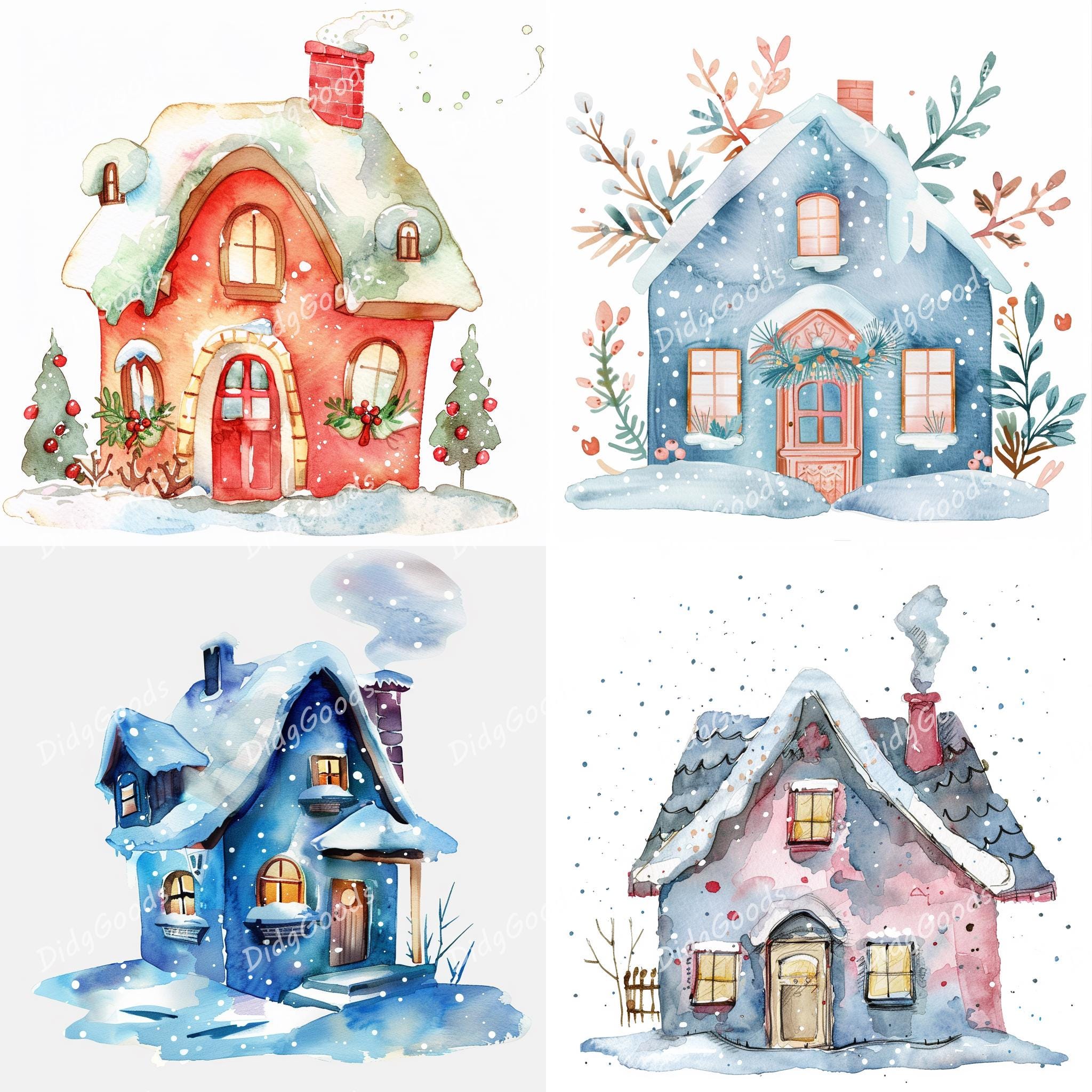 Watercolor Snow House Clipart Bundle 23 High Quality PNG 3000x3000 Pix ...