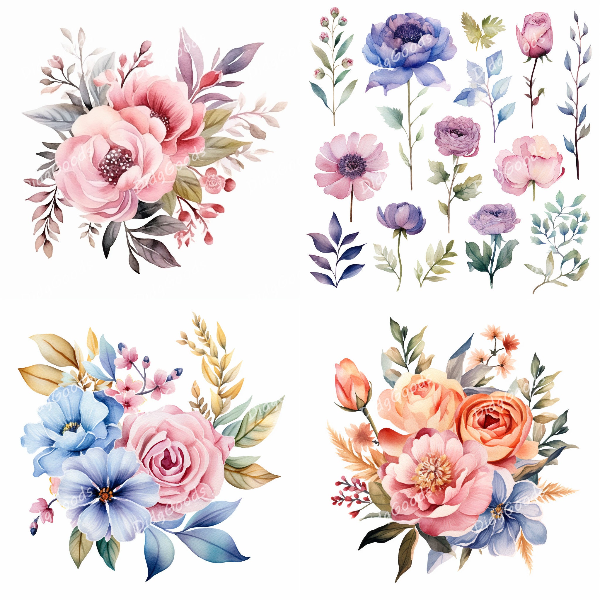 Watercolor Floral Clipart Bundle 25 High Quality Pngs 3200x3200 Pix ...