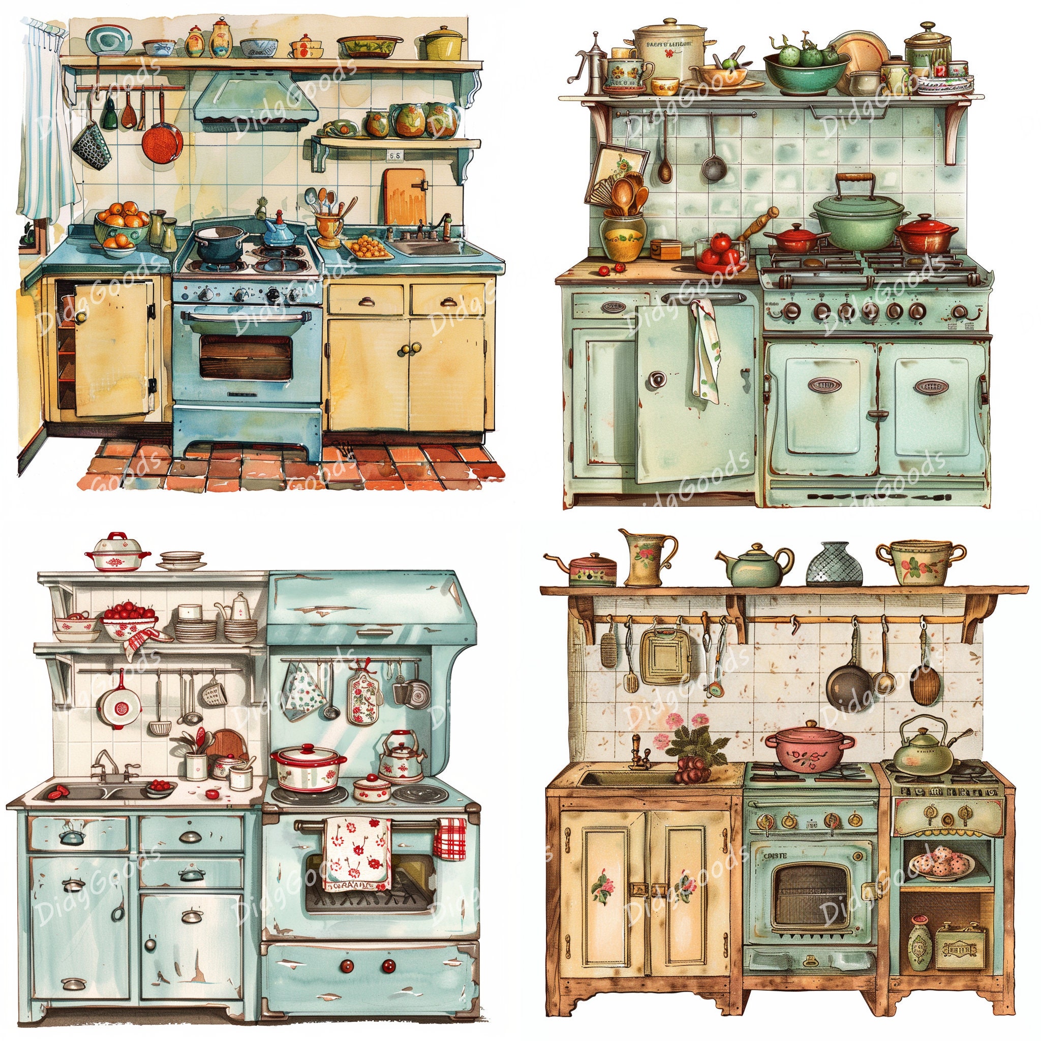 Vintage Kitchen Clipart Bundle 20 High Quality Jpgs 3000x3000 Pix, 300 ...