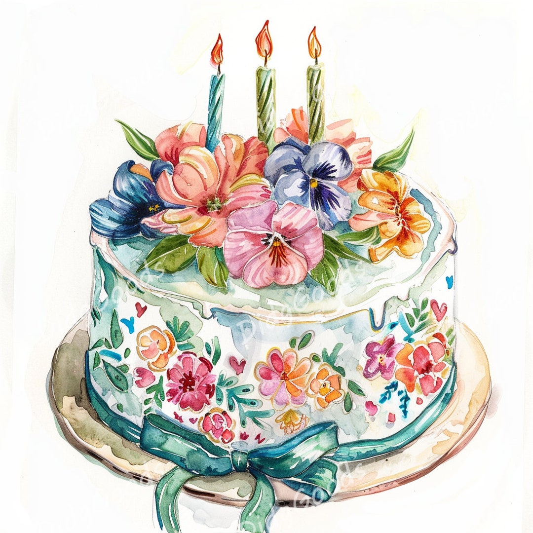Watercolor Birthday Cake Clipart Bundle For: Card Making, Printable Art ...