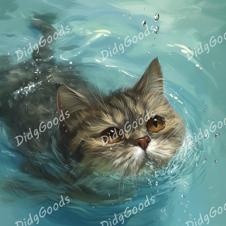 Swimming Cute Cat Printable Art Bundle 12 High Quality Jpgs, Digital ...