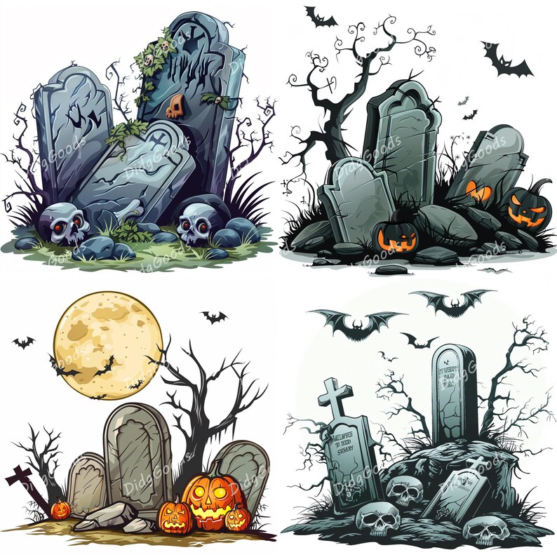 Halloween Funny Tombstones Clip Art Bundle 24 High Quality JPG, 300 DPI ...