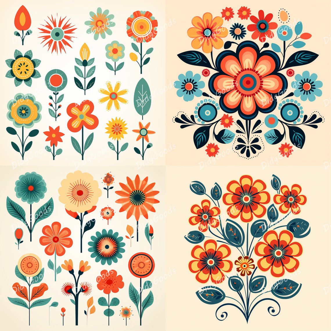 Retro Flower Clipart Bundle 28 High Quality Pngs 3200x3200 Pix, 300 DPI ...