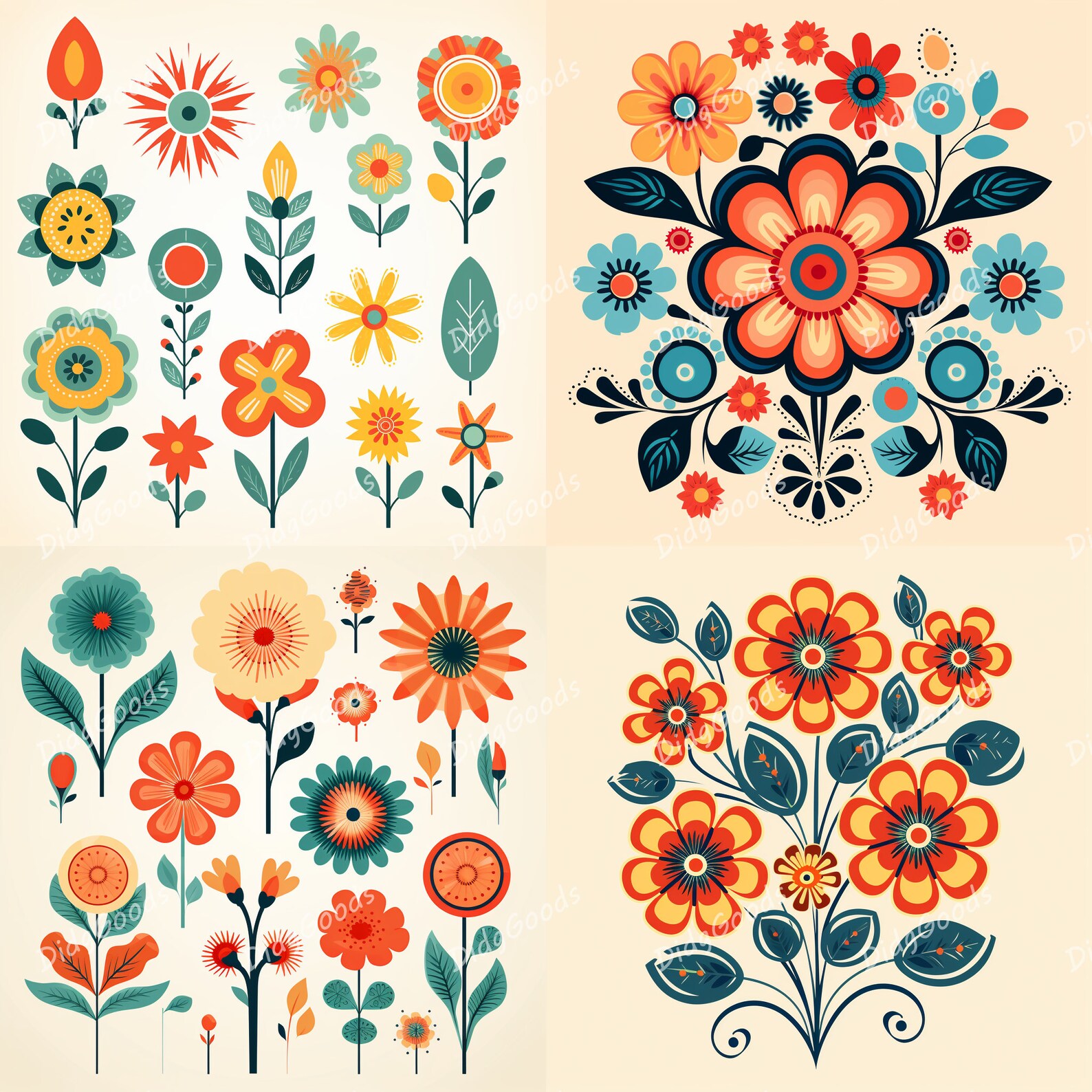 Retro Flower Clipart Bundle 28 High Quality Pngs 3200x3200 Pix, 300 DPI ...