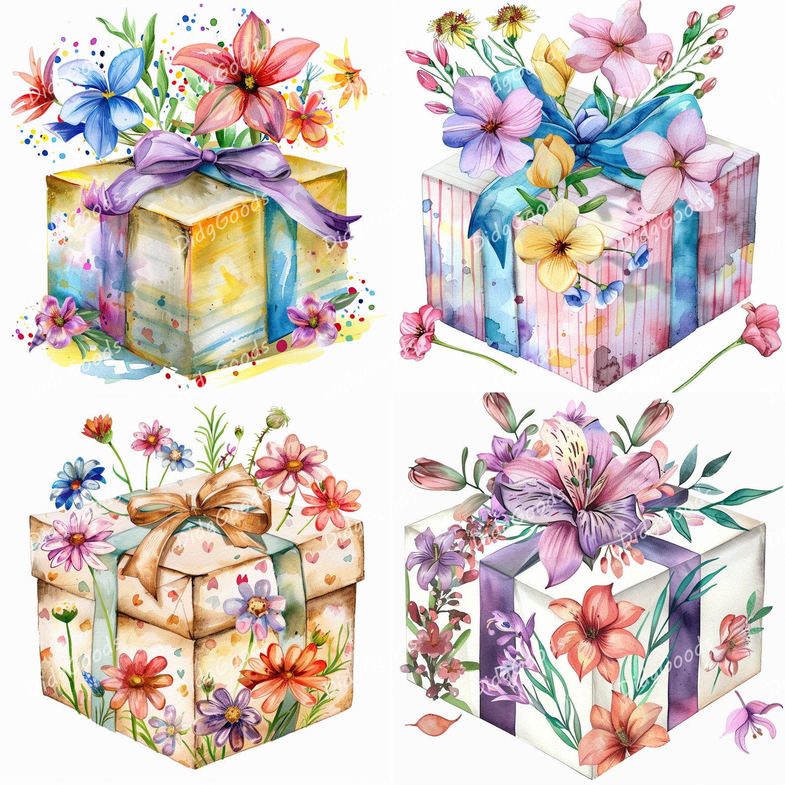 Watercolor Presents Clip Art, Bright Gift Boxes Clip Art, Giftbox Clip ...