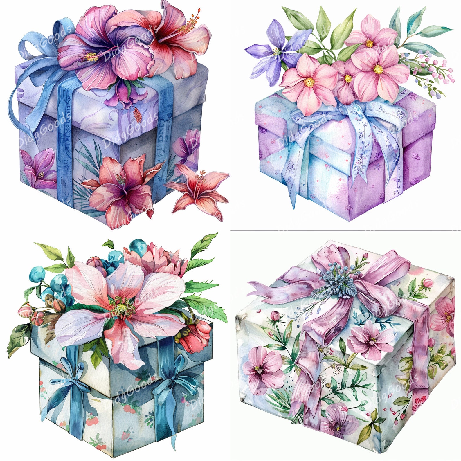 Watercolor Presents Clip Art, Bright Gift Boxes Clip Art, Giftbox Clip ...