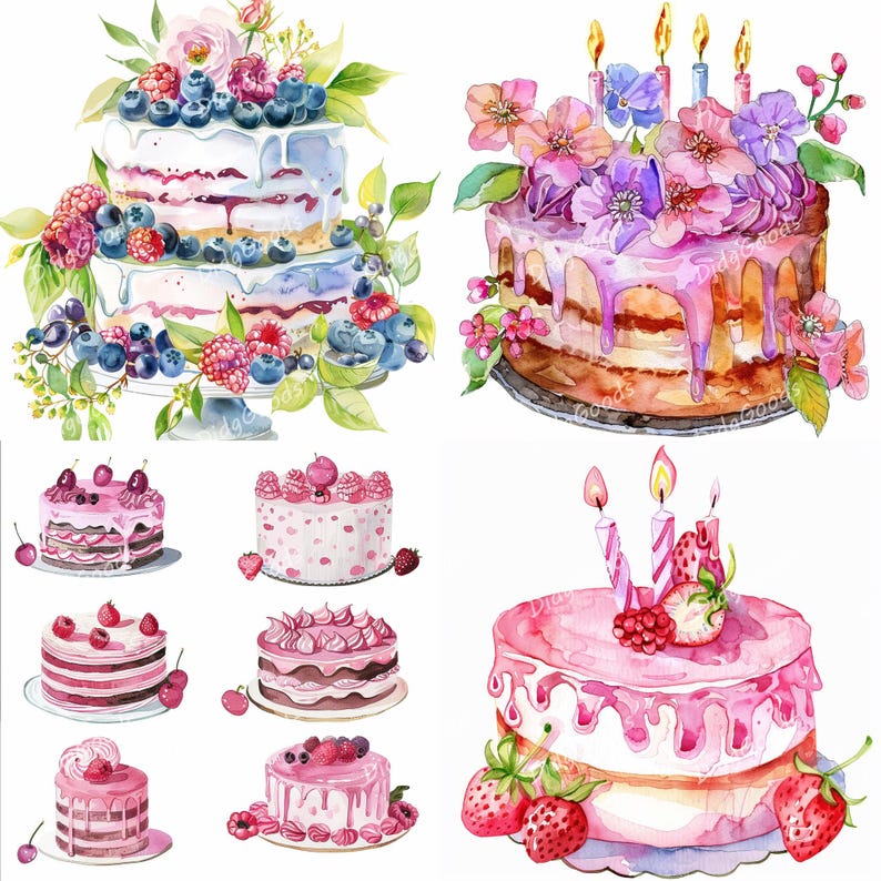 Watercolor Birthday Cake Clipart Bundle For: Card Making, Printable Art ...