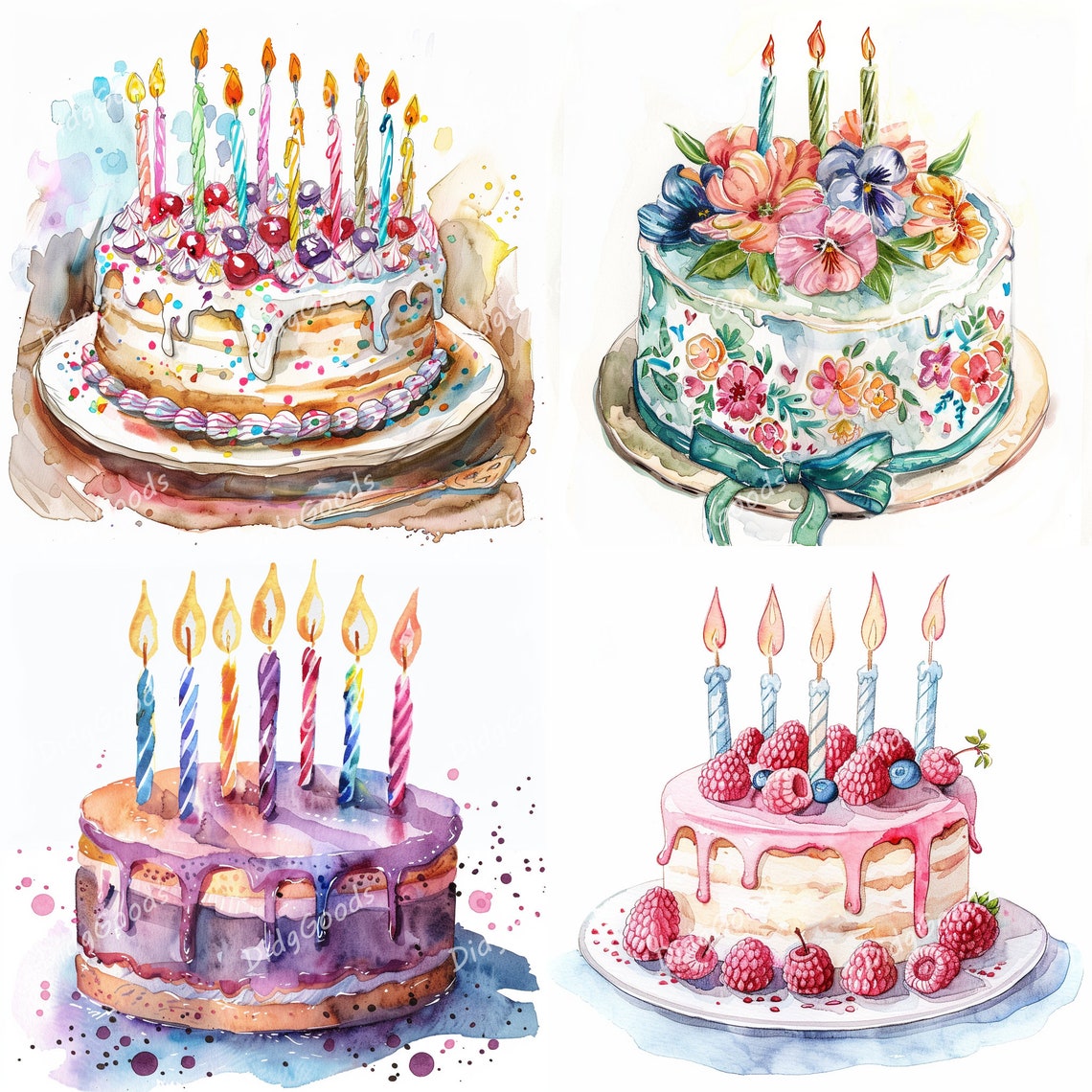 Watercolor Birthday Cake Clipart Bundle For: Card Making, Printable Art ...