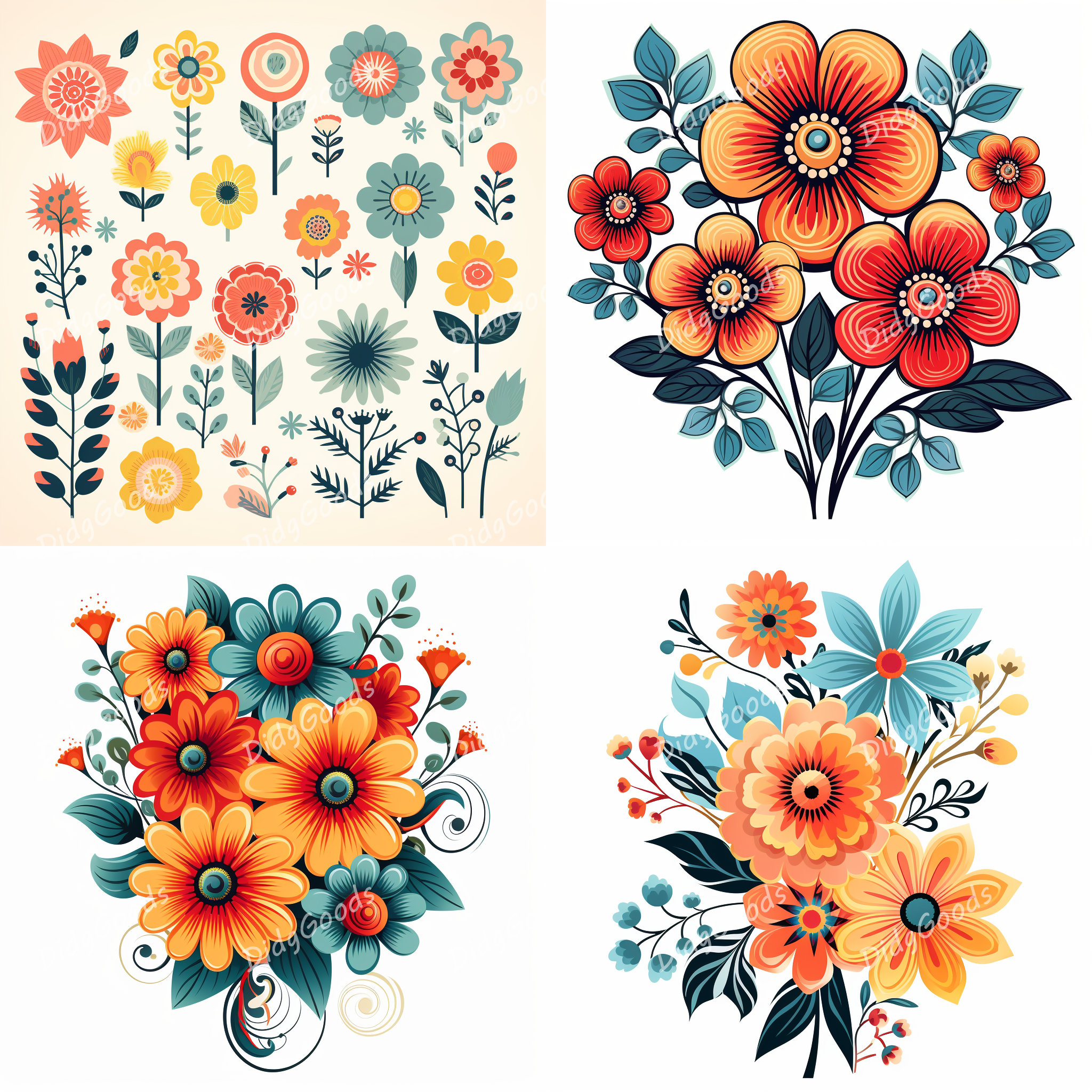 Retro Flower Clipart Bundle 28 High Quality Pngs 3200x3200 Pix, 300 DPI ...