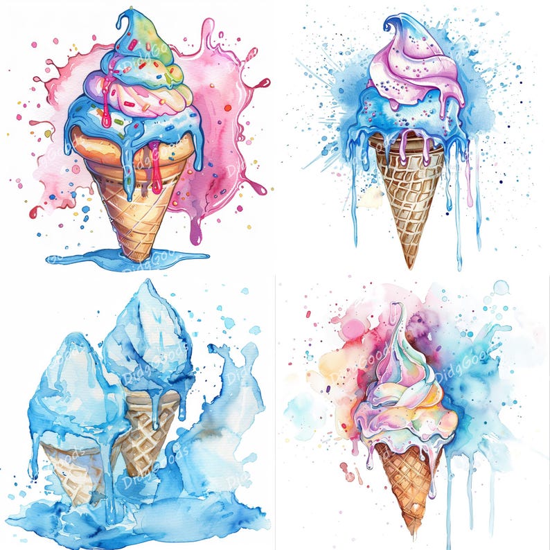 Watercolor Ice Cream Clipart Bundle For: Card Making, Printable Art 24 ...