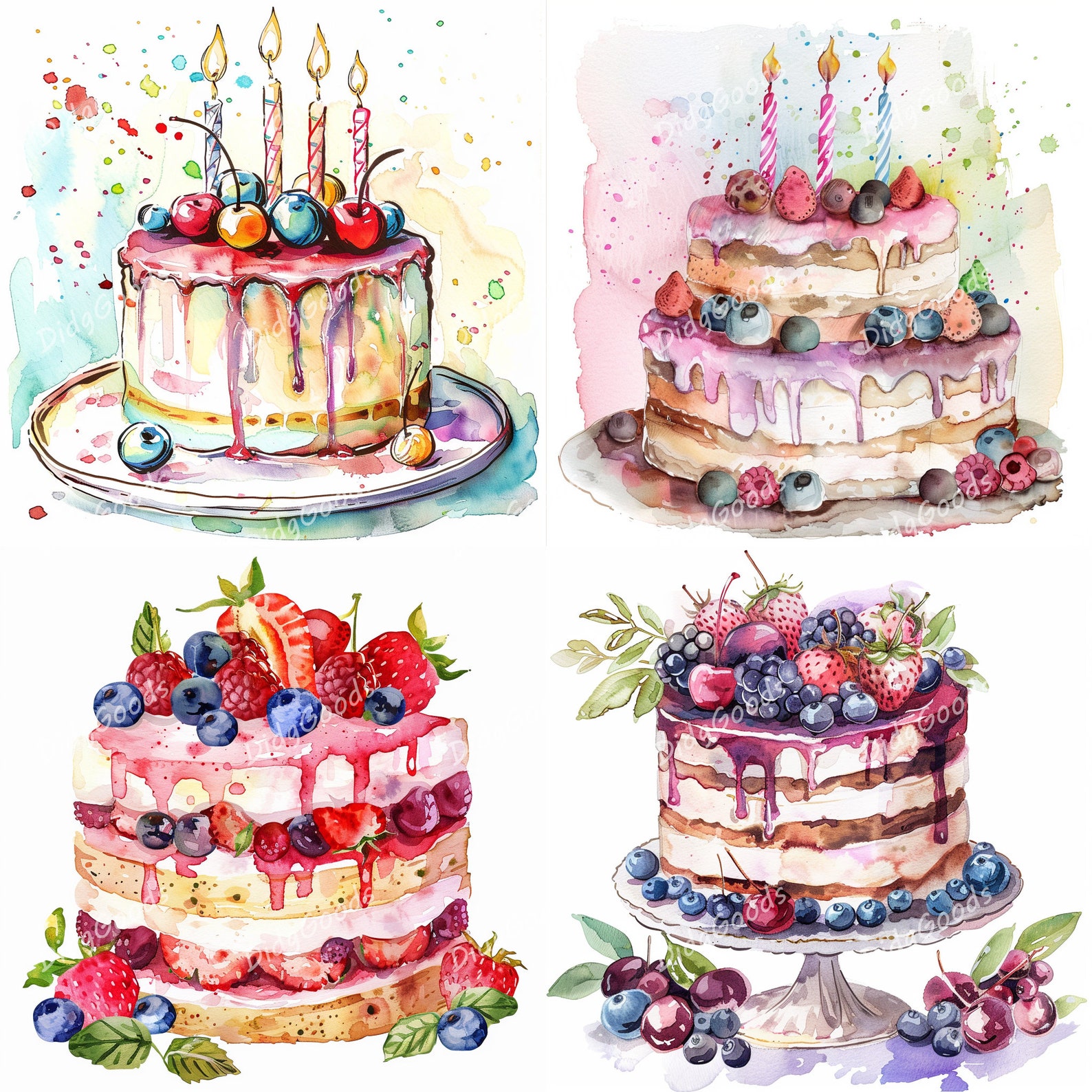 Watercolor Birthday Cake Clipart Bundle For: Card Making, Printable Art ...