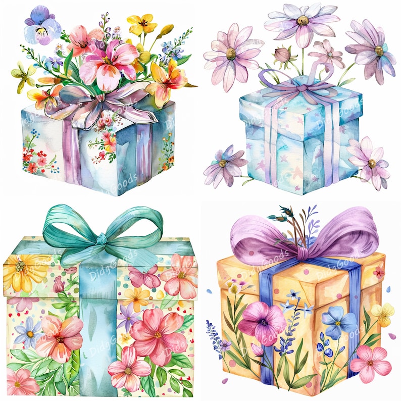 Watercolor Presents Clip Art, Bright Gift Boxes Clip Art, Giftbox Clip ...