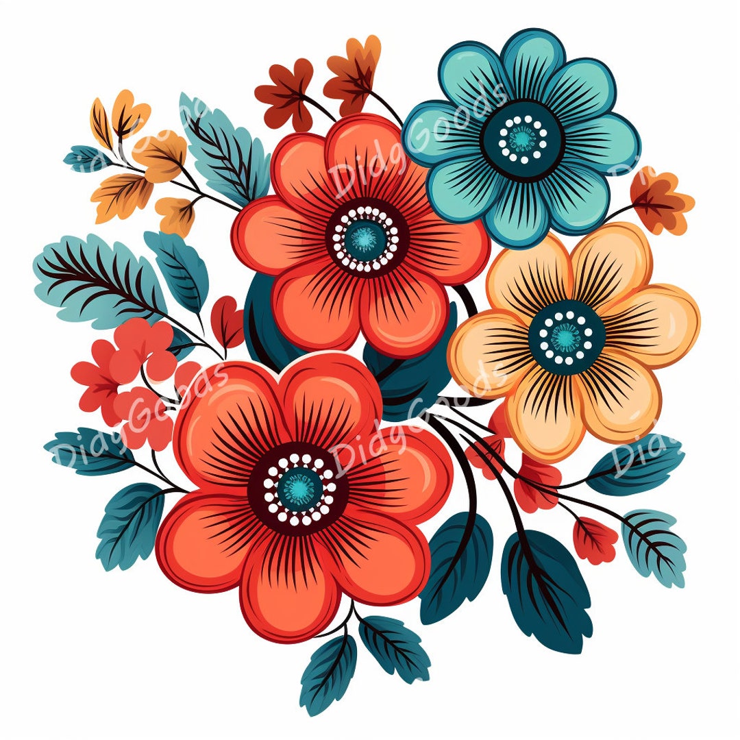 Retro Flower Clipart Bundle 28 High Quality Pngs 3200x3200 Pix, 300 DPI ...