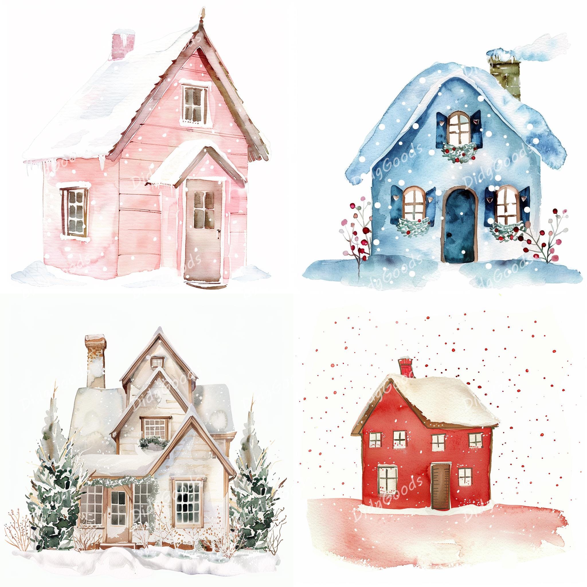 Watercolor Snow House Clipart Bundle 23 High Quality PNG 3000x3000 Pix ...