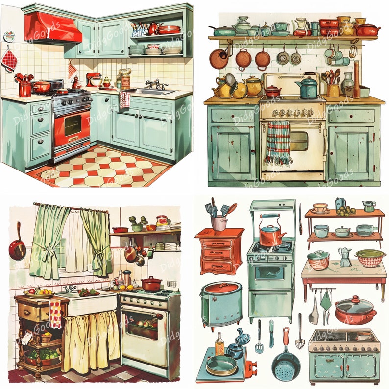 Vintage Kitchen Clipart Bundle 20 High Quality Jpgs 3000x3000 Pix, 300 ...