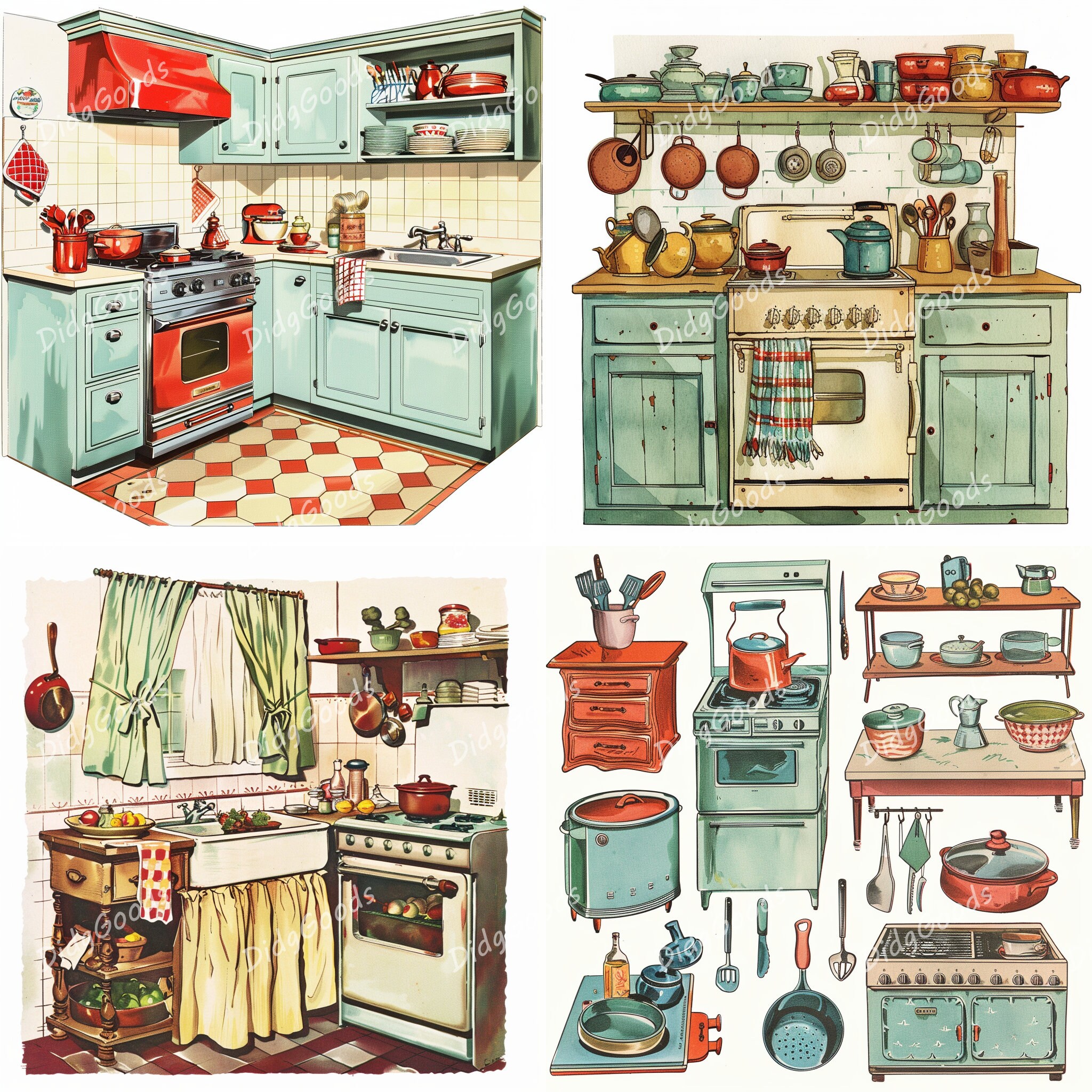 Vintage Kitchen Clipart Bundle 20 High Quality Jpgs 3000x3000 Pix, 300 ...