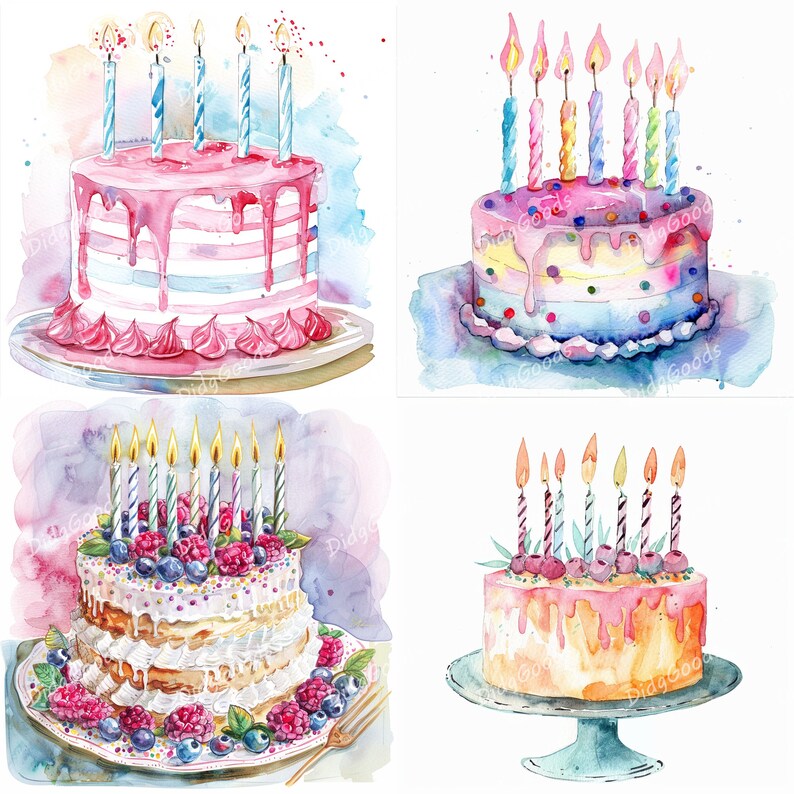 Watercolor Birthday Cake Clipart Bundle For: Card Making, Printable Art ...
