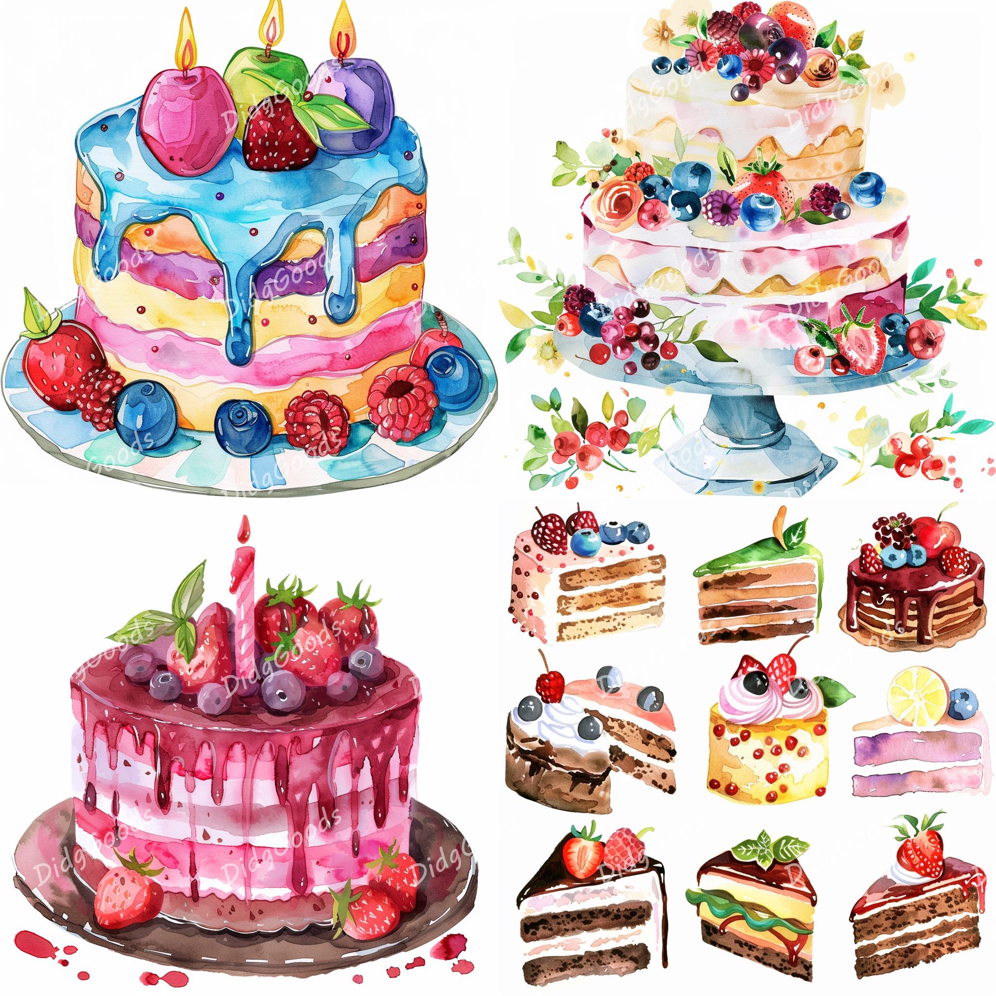 Watercolor Birthday Cake Clipart Bundle For: Card Making, Printable Art ...