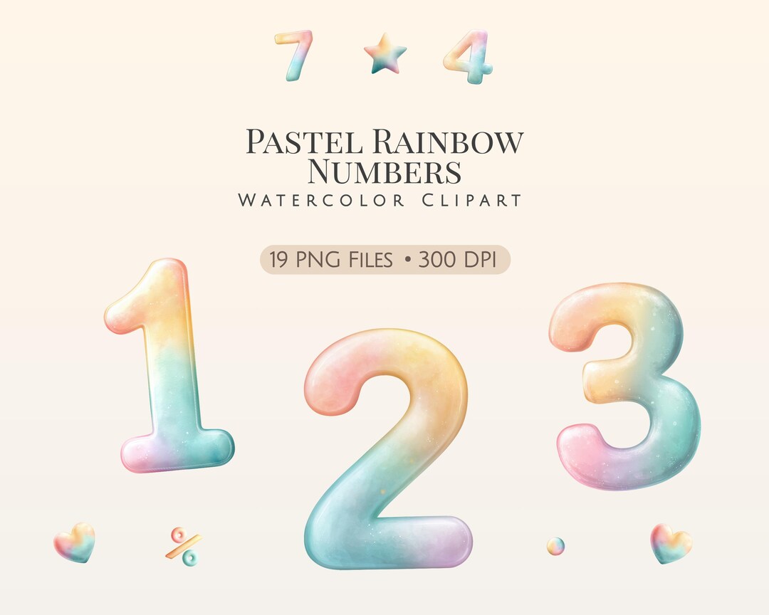 Pastel Rainbow Number Clipart, Watercolor Numeric PNG Asset, Birthday ...