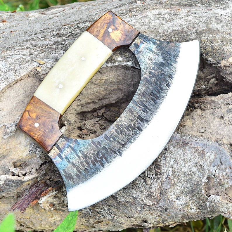Hand Forged Damascus Steel Ulu Knife: Rosewood & Bone Handle - Etsy