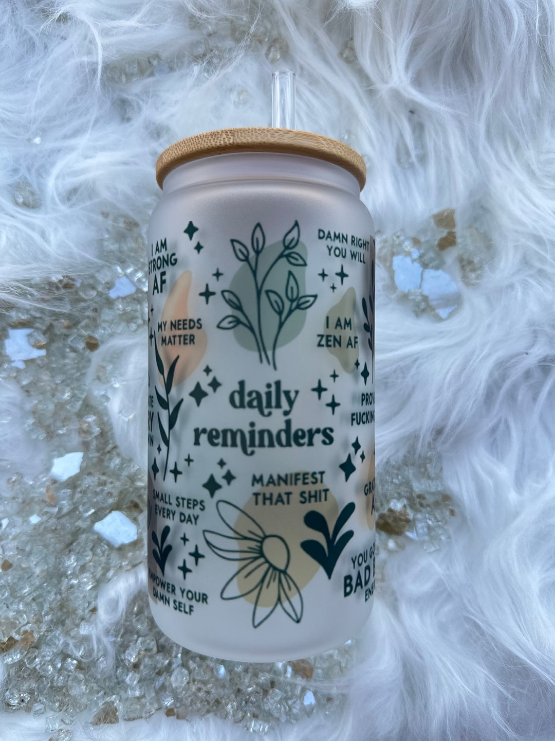 Custom Boho Daily Reminders Iced Coffee Cup, Mental Health Gift, , Gift ...