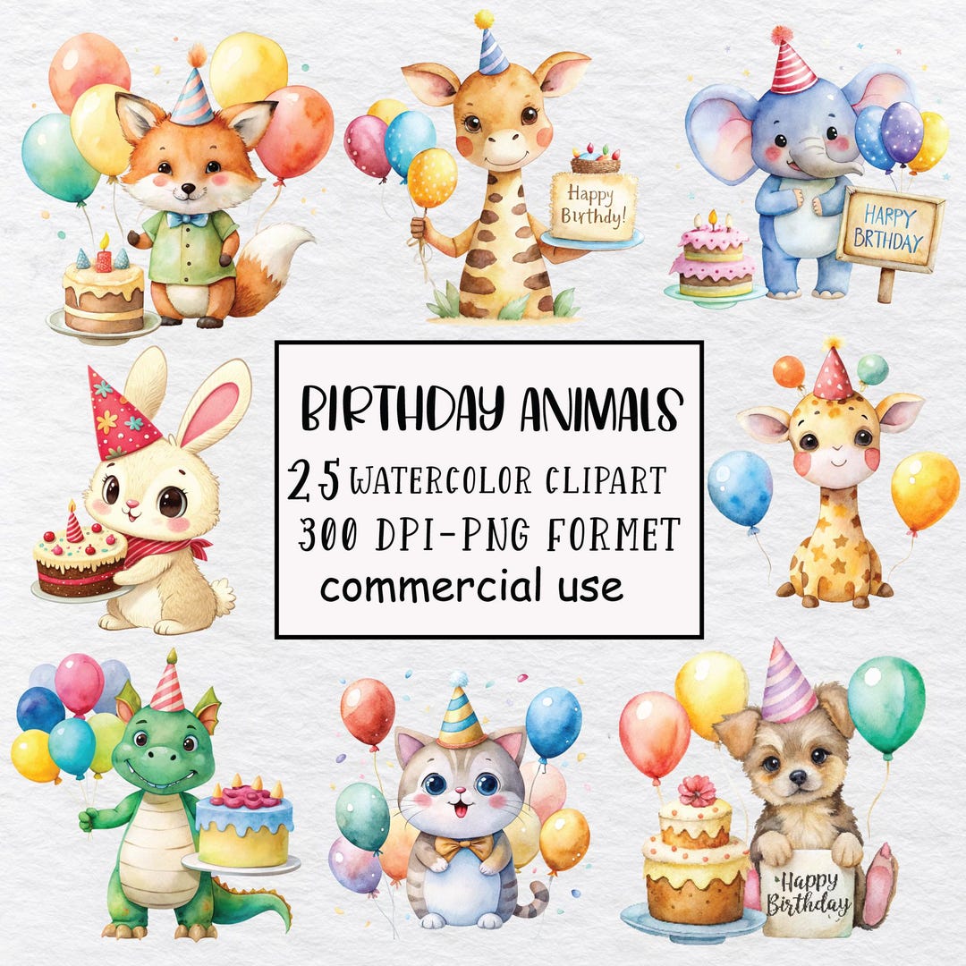 Birthday Animals Clipart: Watercolor PNG Bundle (commercial Use) - Etsy