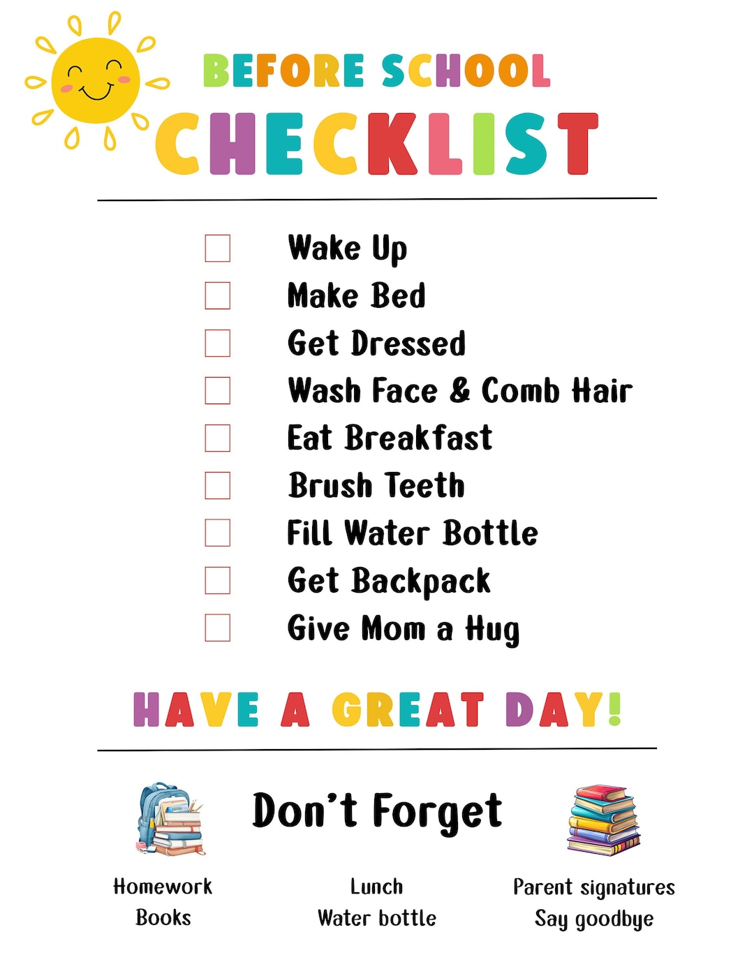 Printable Morning Checklist for Kids, Kids Before School Checklist ...
