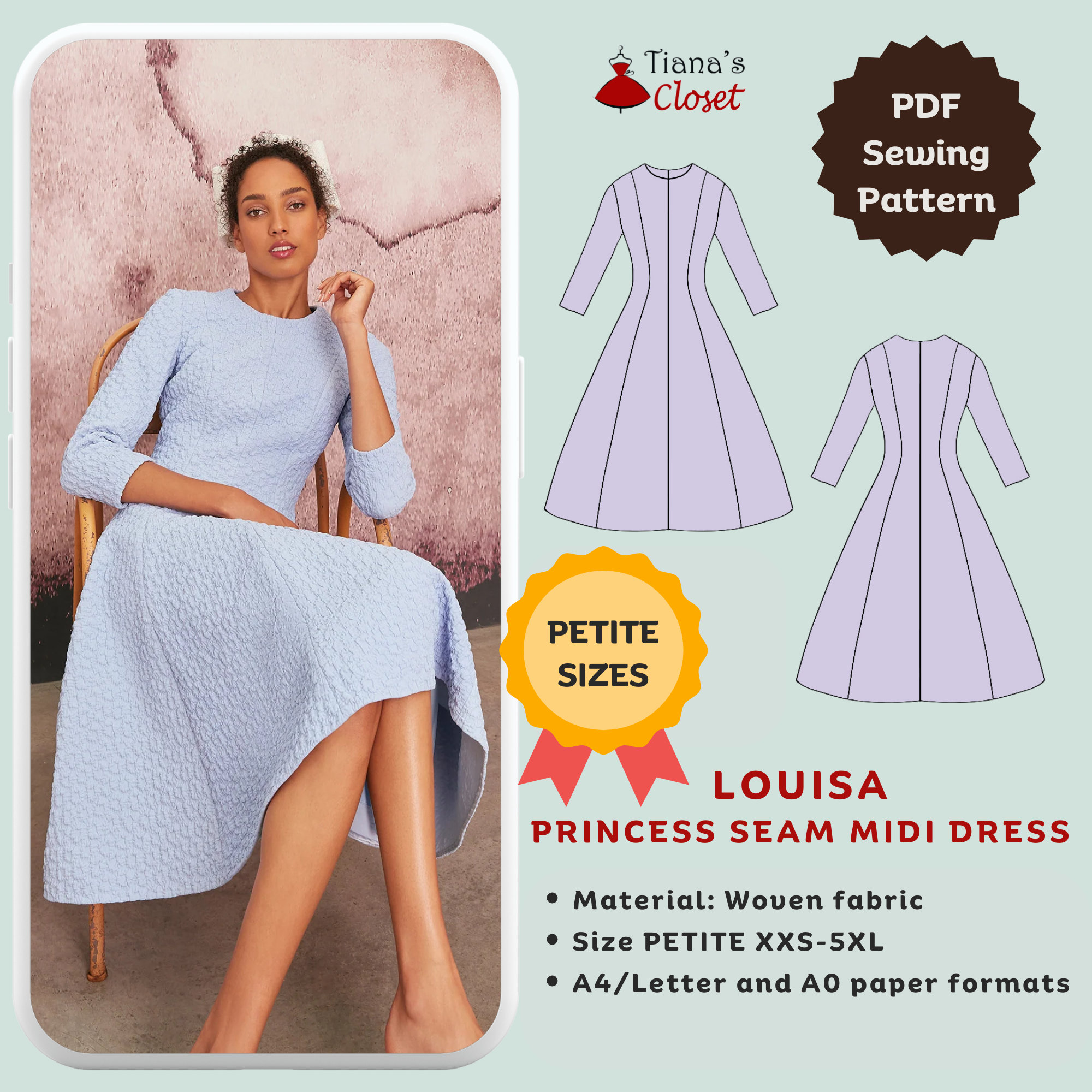 PETITE SIZE PDF Sewing Pattern Louisa Princess Seam Midi Dress ...