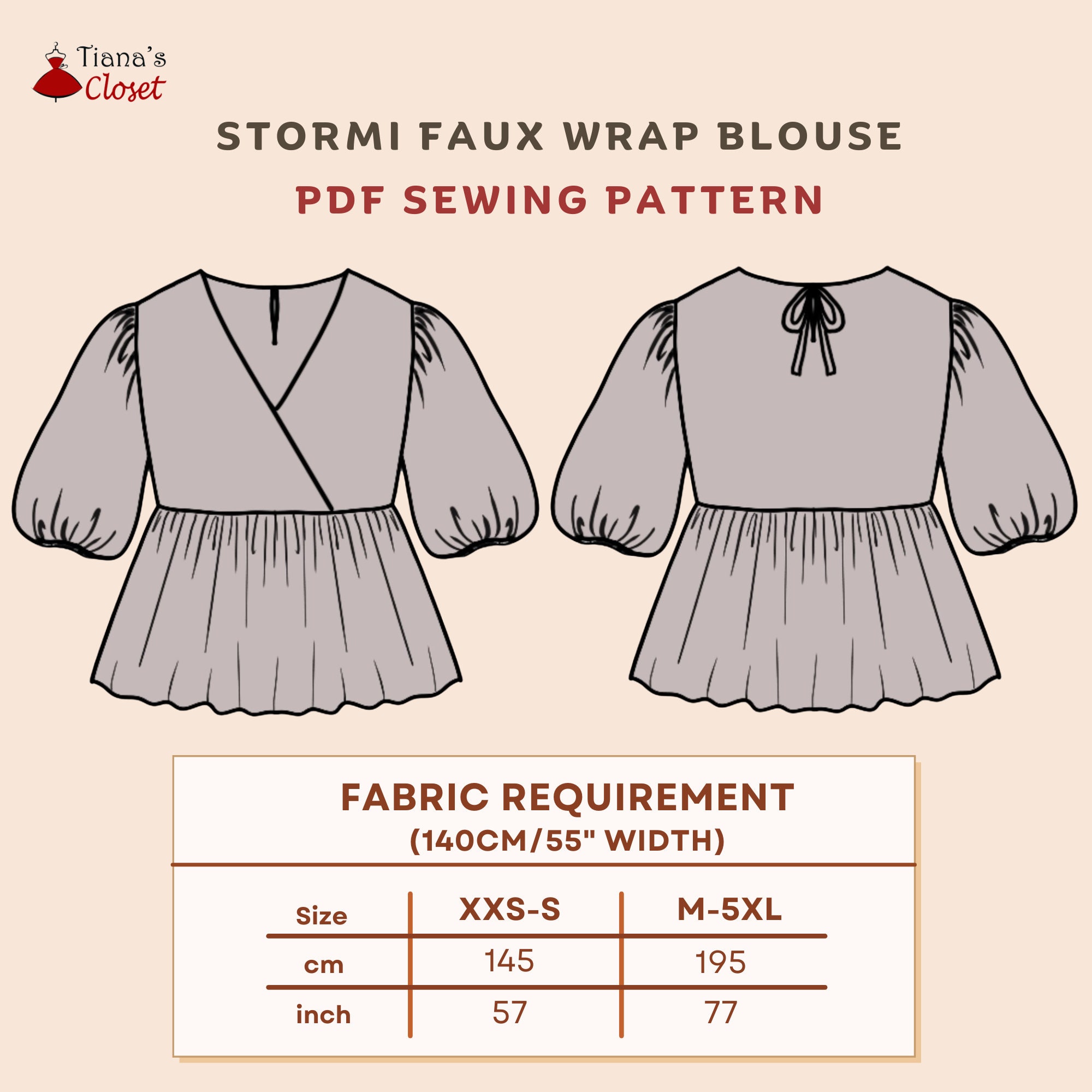 Stormi Faux Wrap Peplum Blouse Sewing Pattern: Puffed Sleeve Top ...