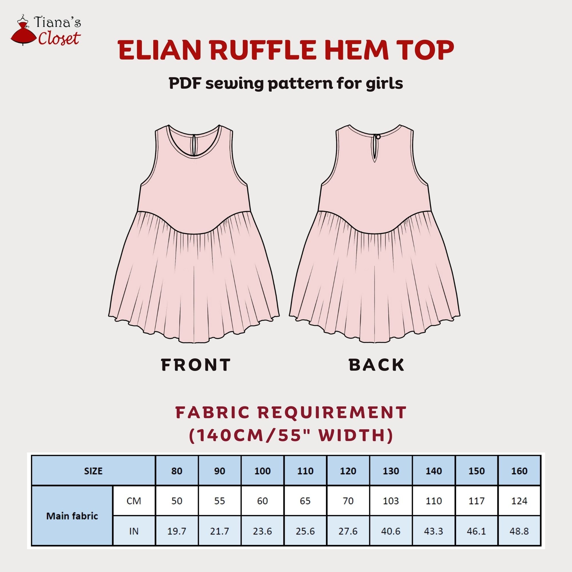 Elian Girls' Ruffle Hem Top Sewing Pattern: Sizes 12mo-14y, Instant ...