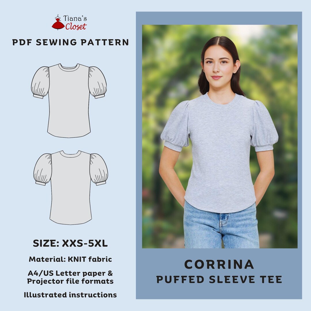 Corrina Puffed Sleeve Tee Sewing Pattern (sizes XXS-5XL, Instant Download PDF, A0/copy Shop, A4 ...