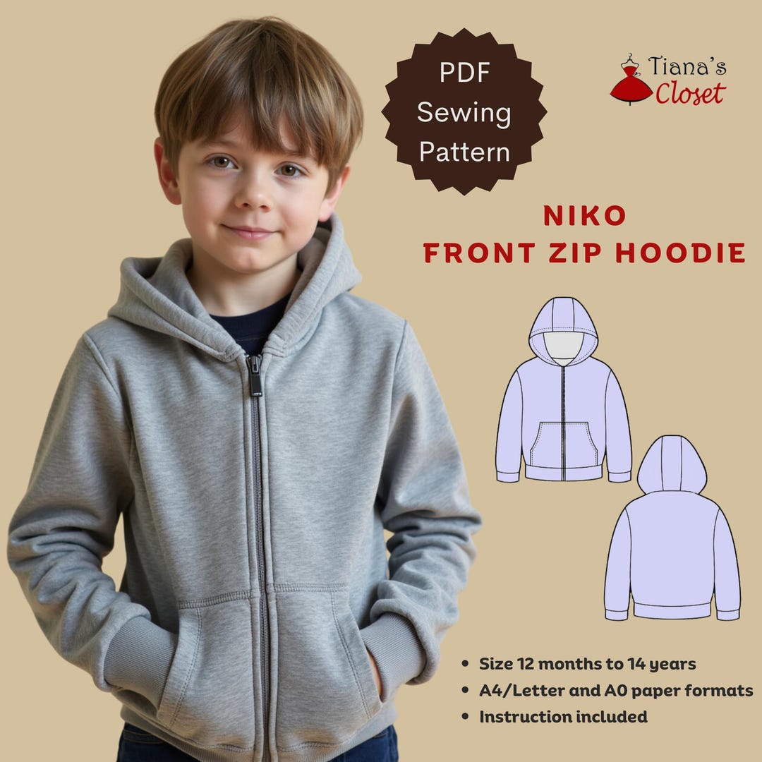 Niko Kid's Front Zip Hoodie Sewing Pattern (PDF) - Etsy