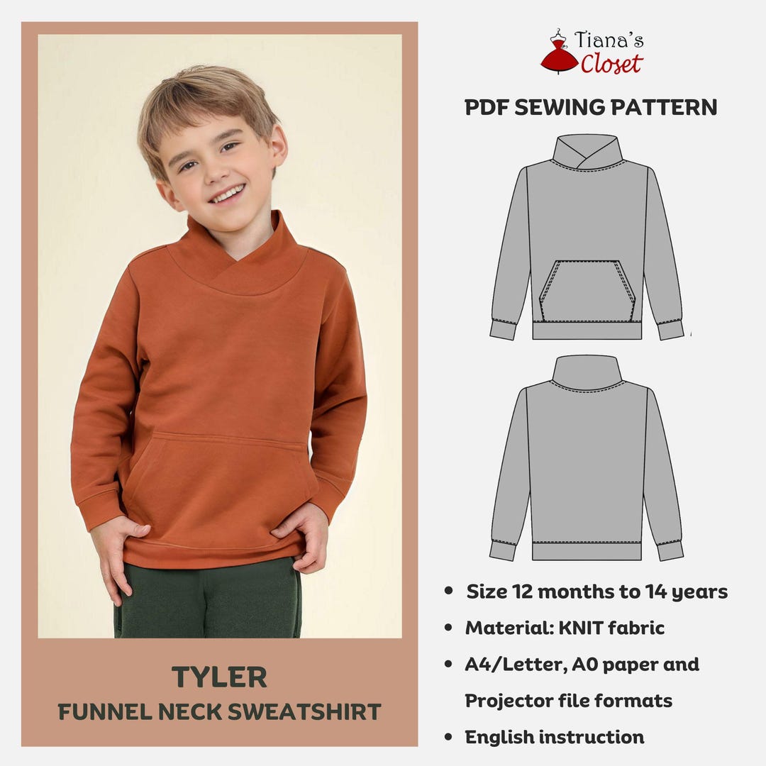 Tyler Funnel Neck Sweatshirt Sewing Pattern: Kids Unisex Tee (PDF) - Etsy