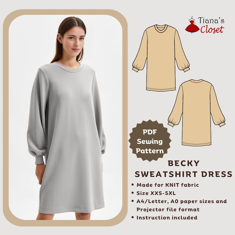 Becky Sweatshirt Dress PDF Sewing Pattern: Beginner Friendly, Plus ...