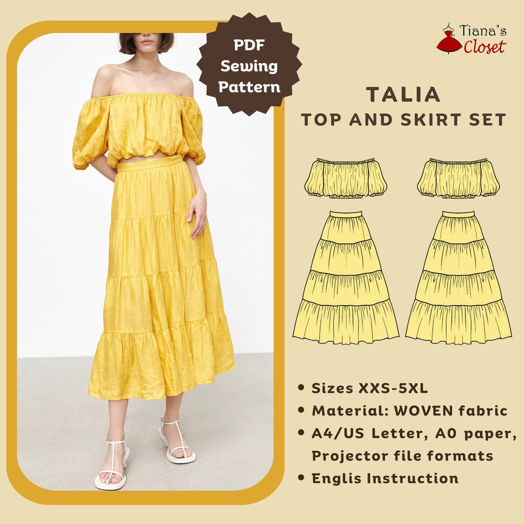 Talia off Shoulder Crop Top and Tiered Midi Skirt Set - PDF Sewing ...