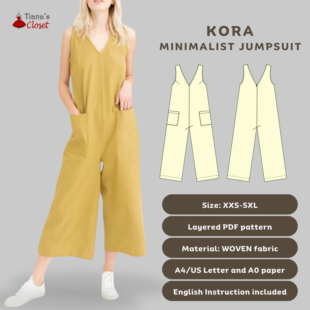 Kora Minimalist Jumpsuit Sewing Pattern: V-neck Loose Fit (PDF) - Etsy