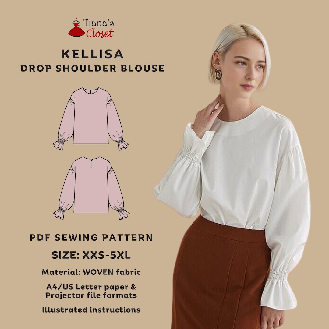 Kellisa Drop Shoulder Blouse Sewing Pattern: Puffed Sleeve Top (PDF ...