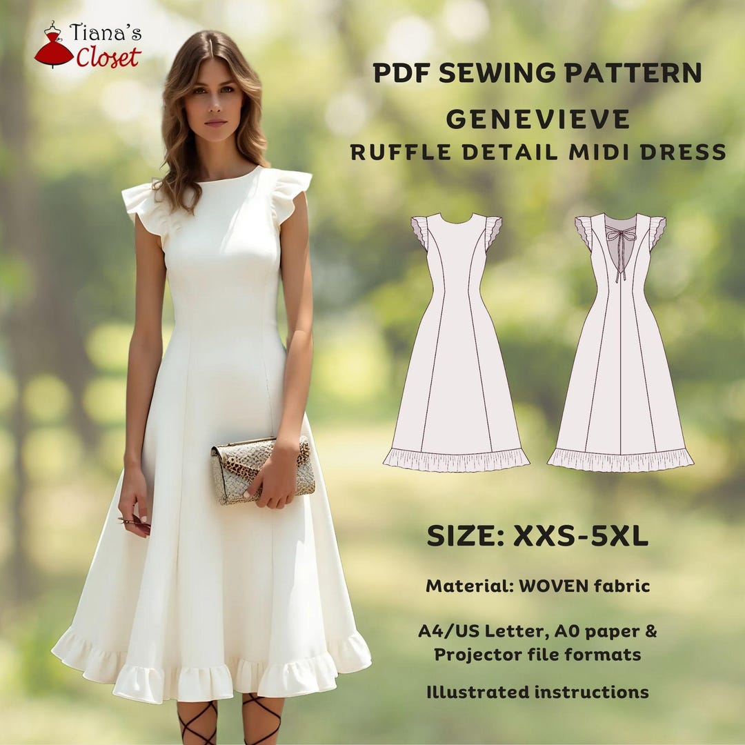 Genevieve Ruffle Midi Dress Sewing Pattern: Occasion Dress (instant ...