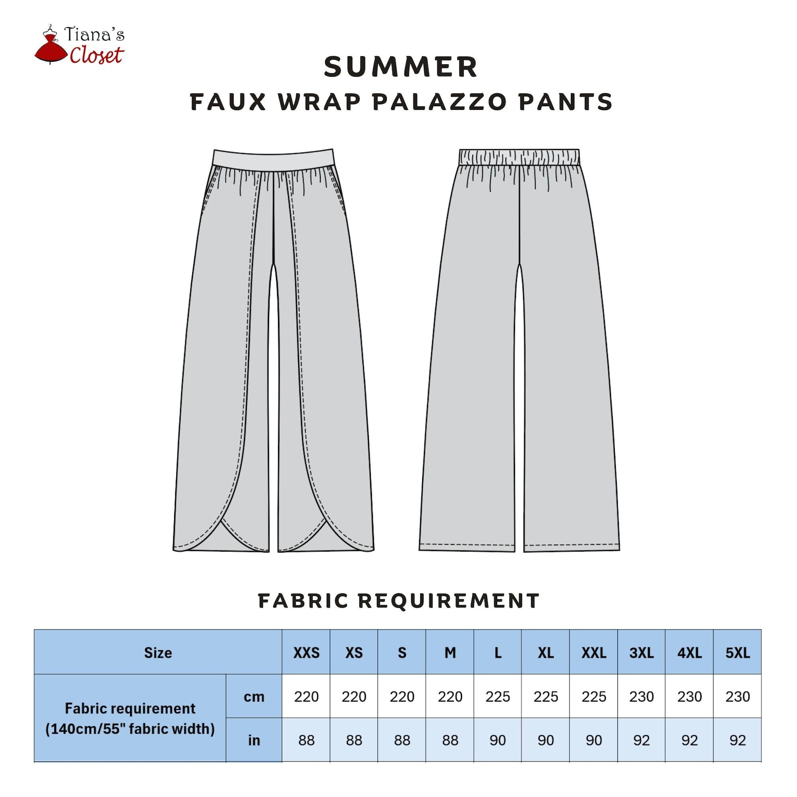 Summer Faux Wrap Palazzo Pants Sewing Pattern: Women's Sizes XXS-5XL ...