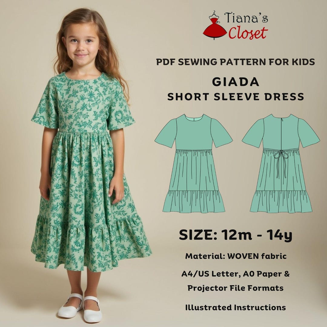 Giada Short Sleeve Ruffle Hem Dress - PDF Sewing Pattern for Kid ...