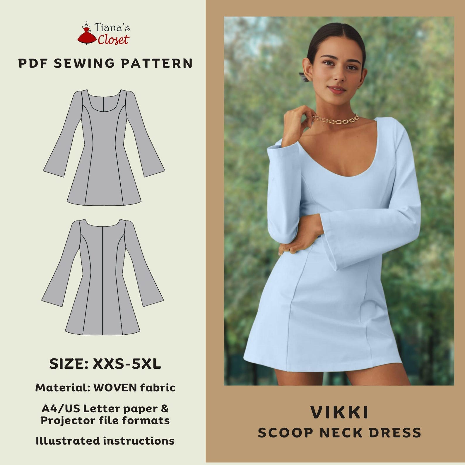 Vikki Bell Sleeve Dress Sewing Pattern: Princess Seam, Scoop Neck ...