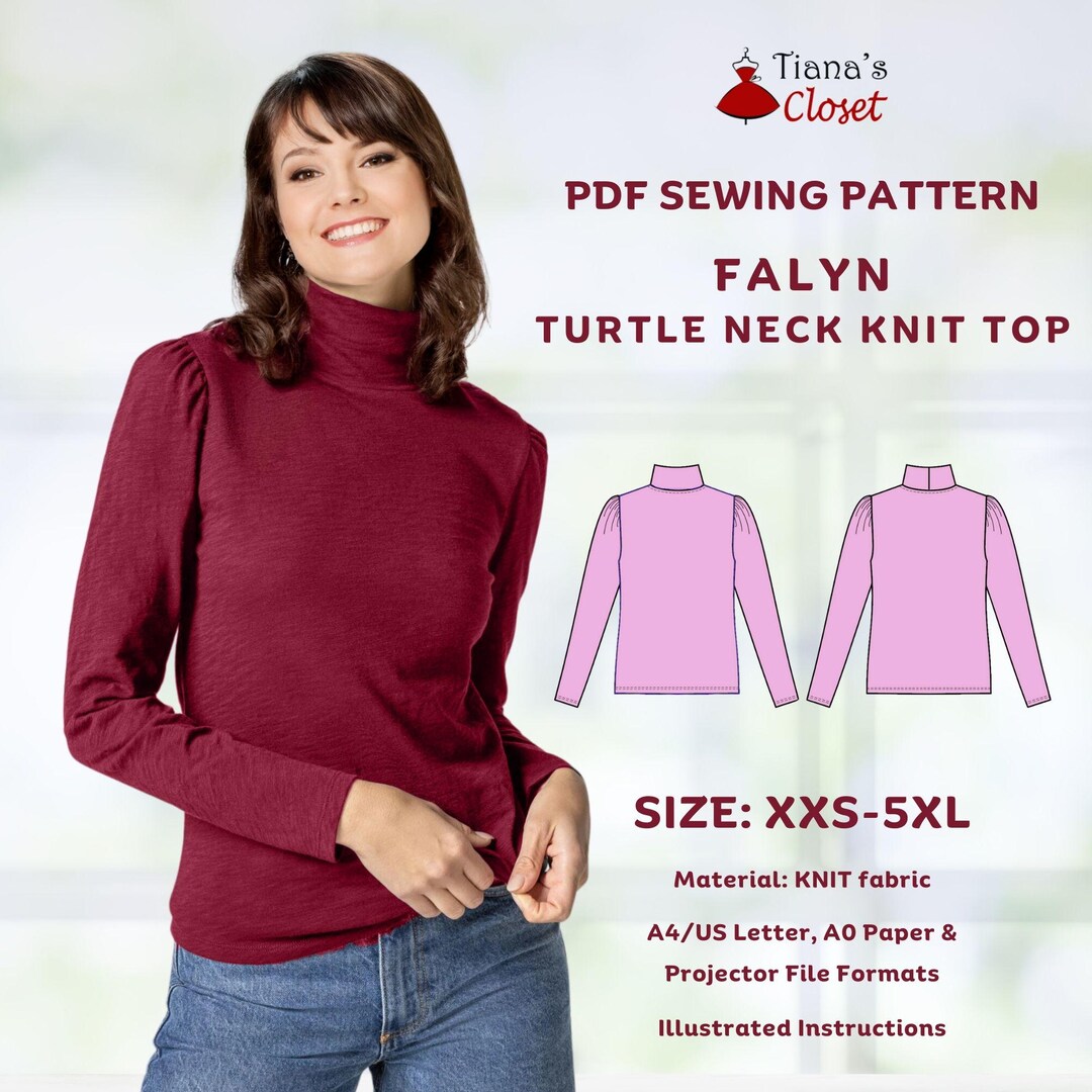 Falyn Knit Top Sewing Pattern: Turtle Neck, Puffed Sleeve, Beginner ...
