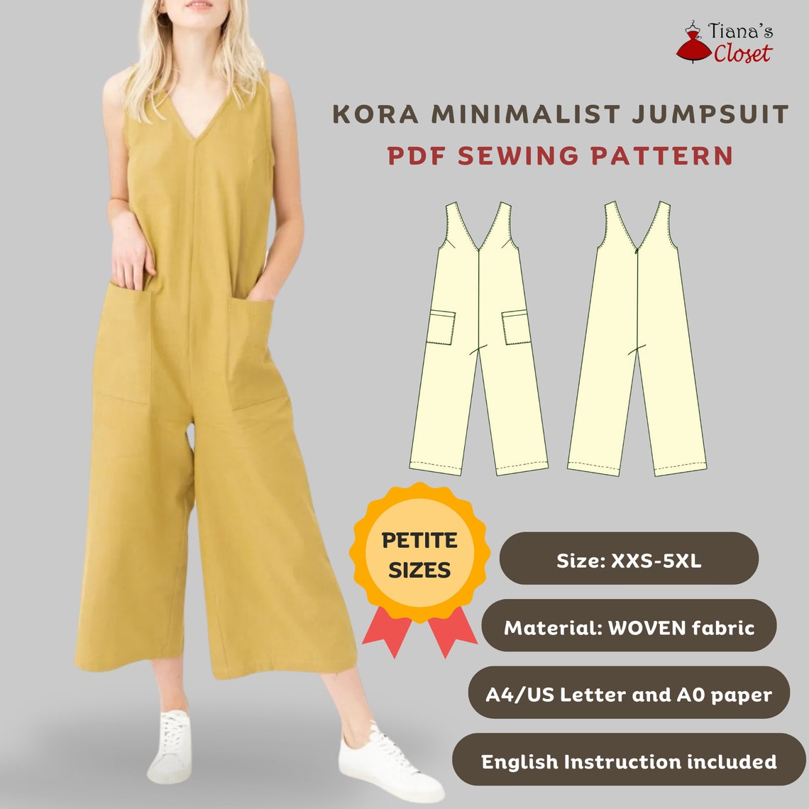 PETITE SIZES Minimalist Jumpsuit Sewing Pattern Kora V Neck Loose Fit ...