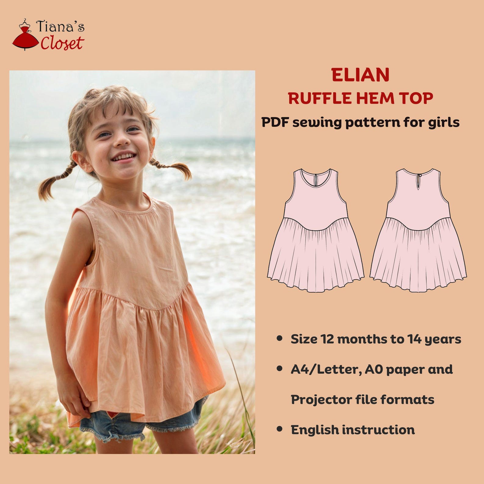 Elian Girls' Ruffle Hem Top Sewing Pattern: Sizes 12mo-14y, Instant ...