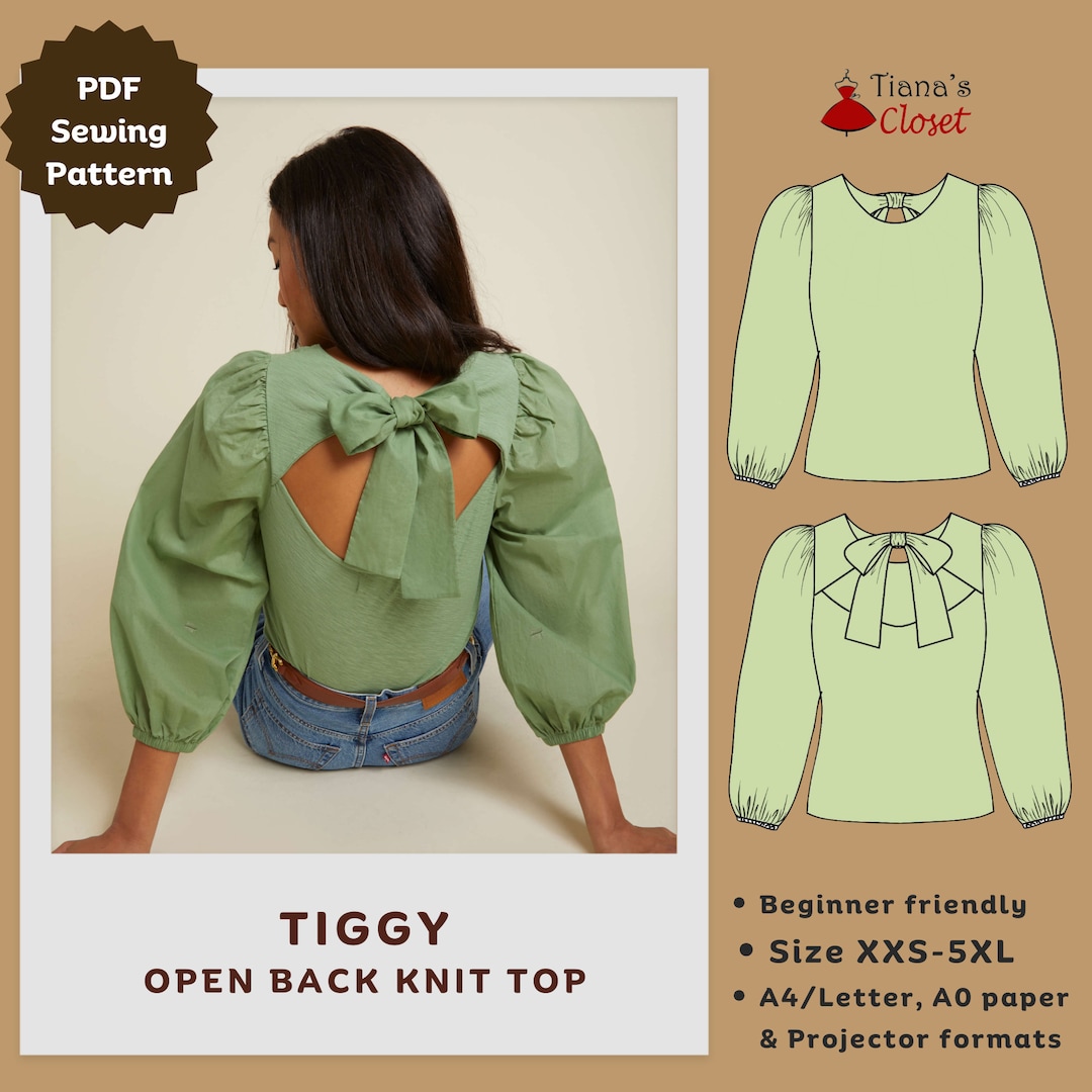 Tiggy Open Back Knit Top Sewing Pattern: Tie Back, Long Puffed Sleeve ...
