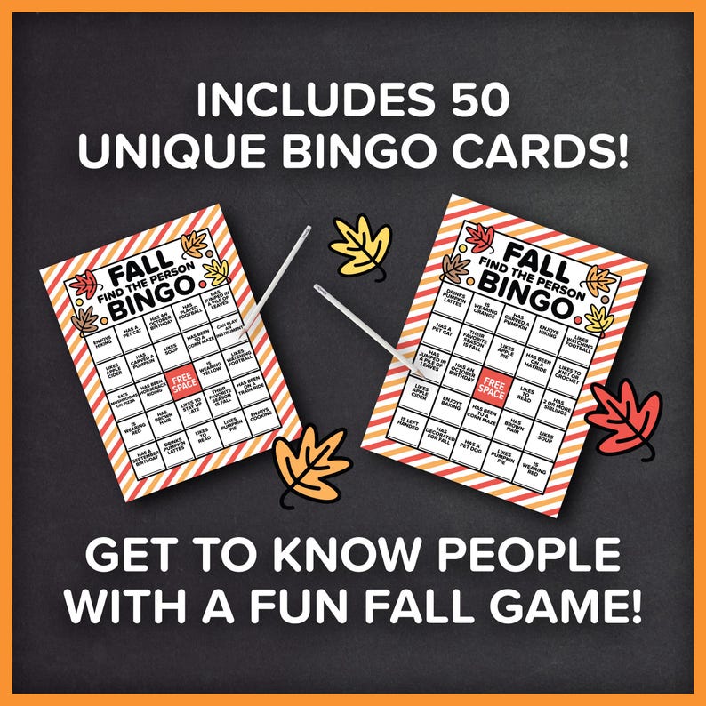 50 Fall Find the Person Bingo Cards Printable | Fall Bingo Get to Know ...