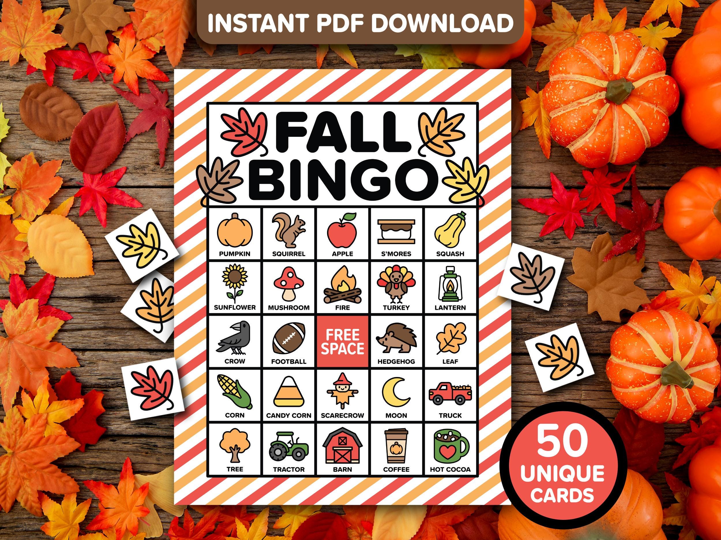 50 Fall Bingo Cards Printable | Fall Bingo Game Digital Download ...