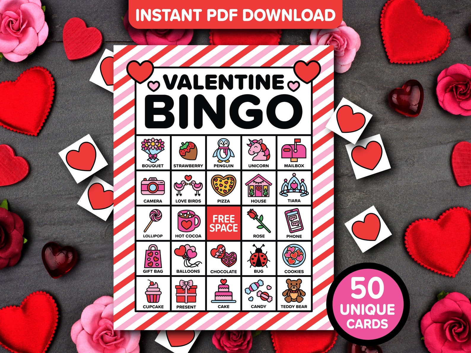50 Valentine Bingo Cards Printable Valentines Day Bingo Game Digital ...
